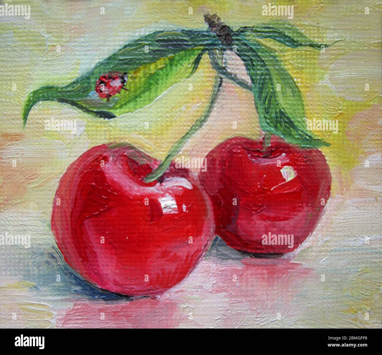 Two ripe cherries on a yellow background, oil painting Stock Photo - Alamy