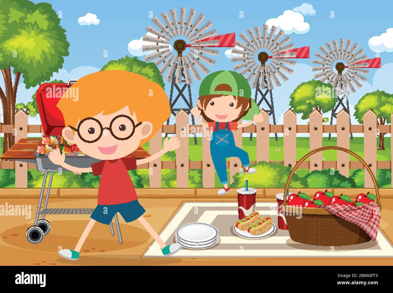 Background scene with kids eating in the park illustration Stock Vector ...