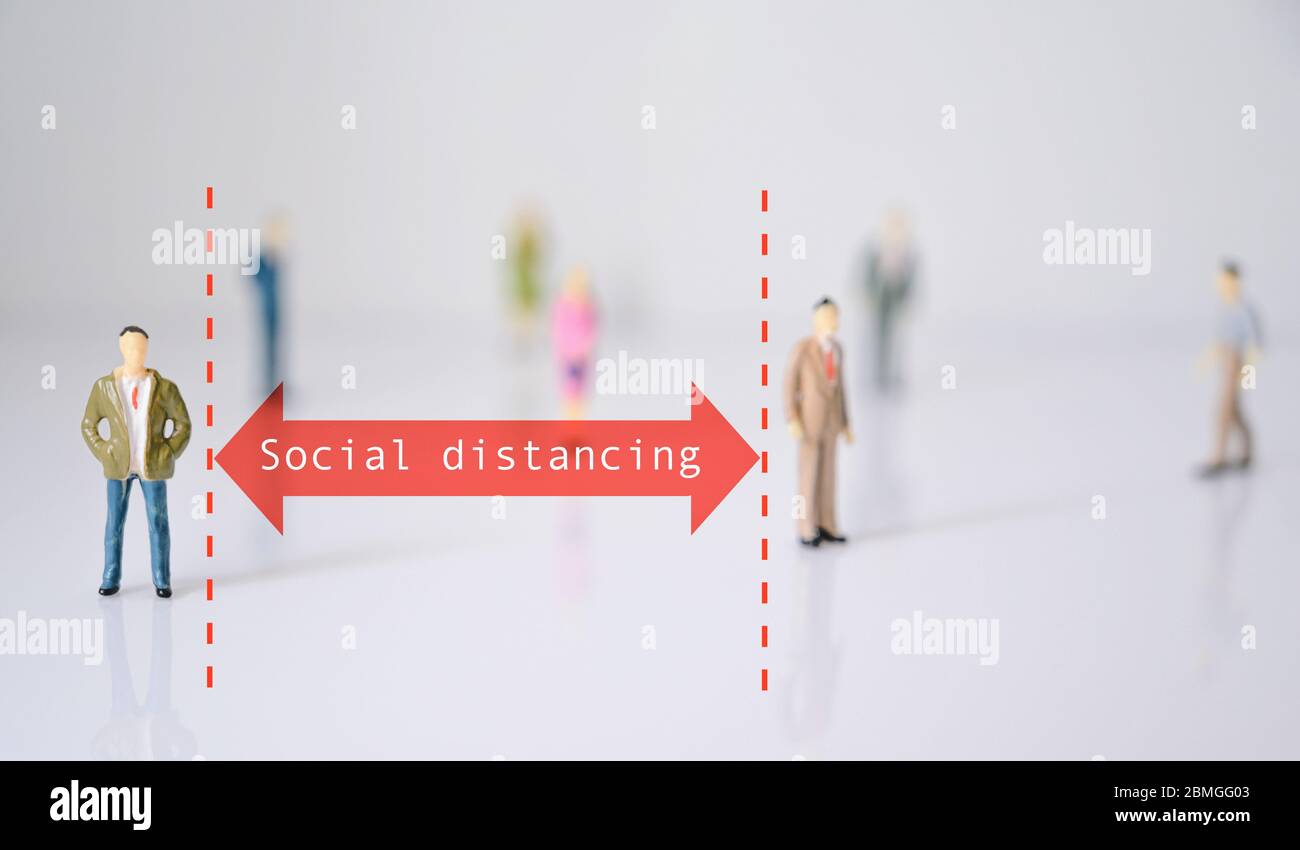 miniature people with red arrow represent social distance of ...