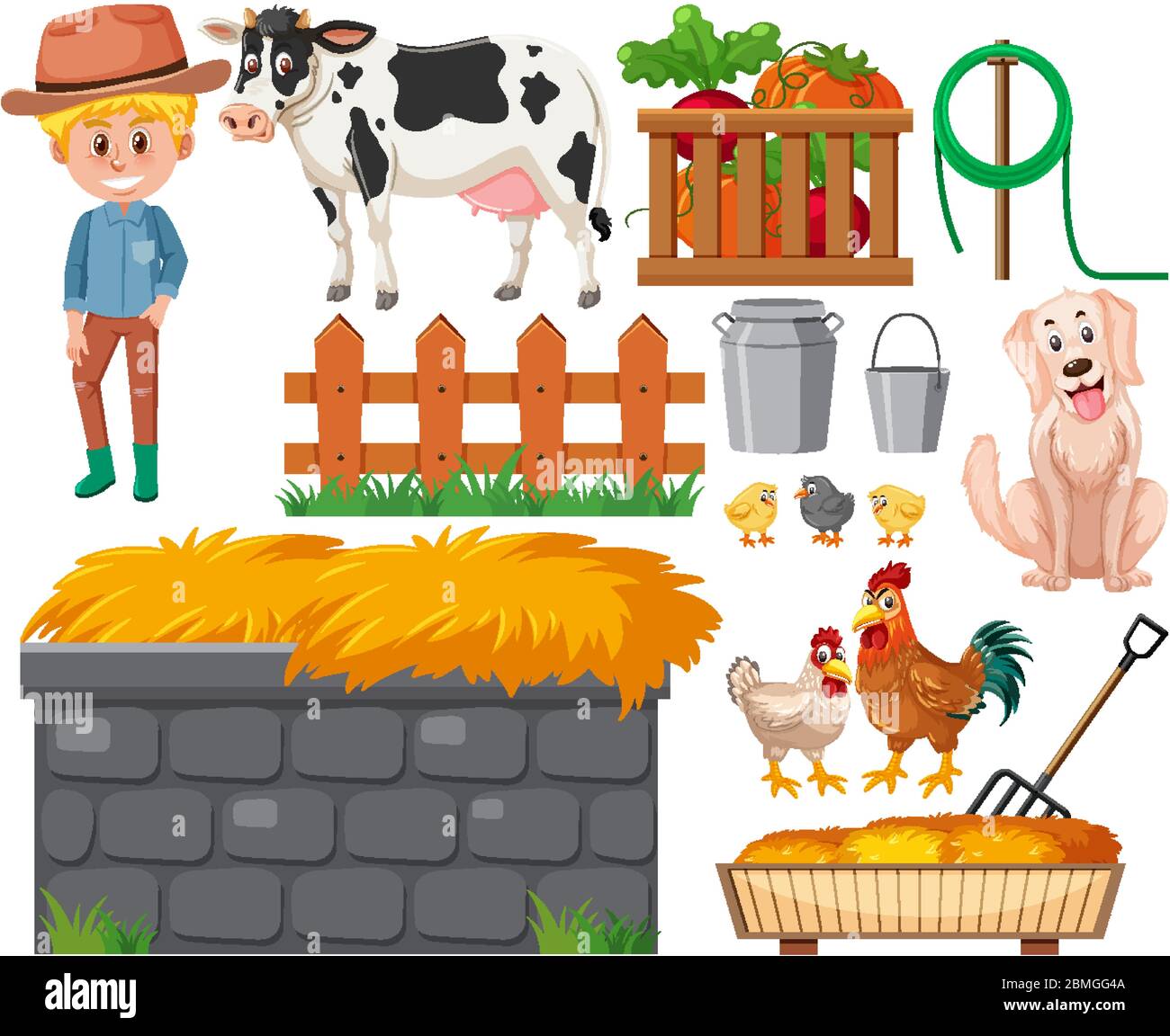 Set of farming items and farmer on white background illustration Stock ...