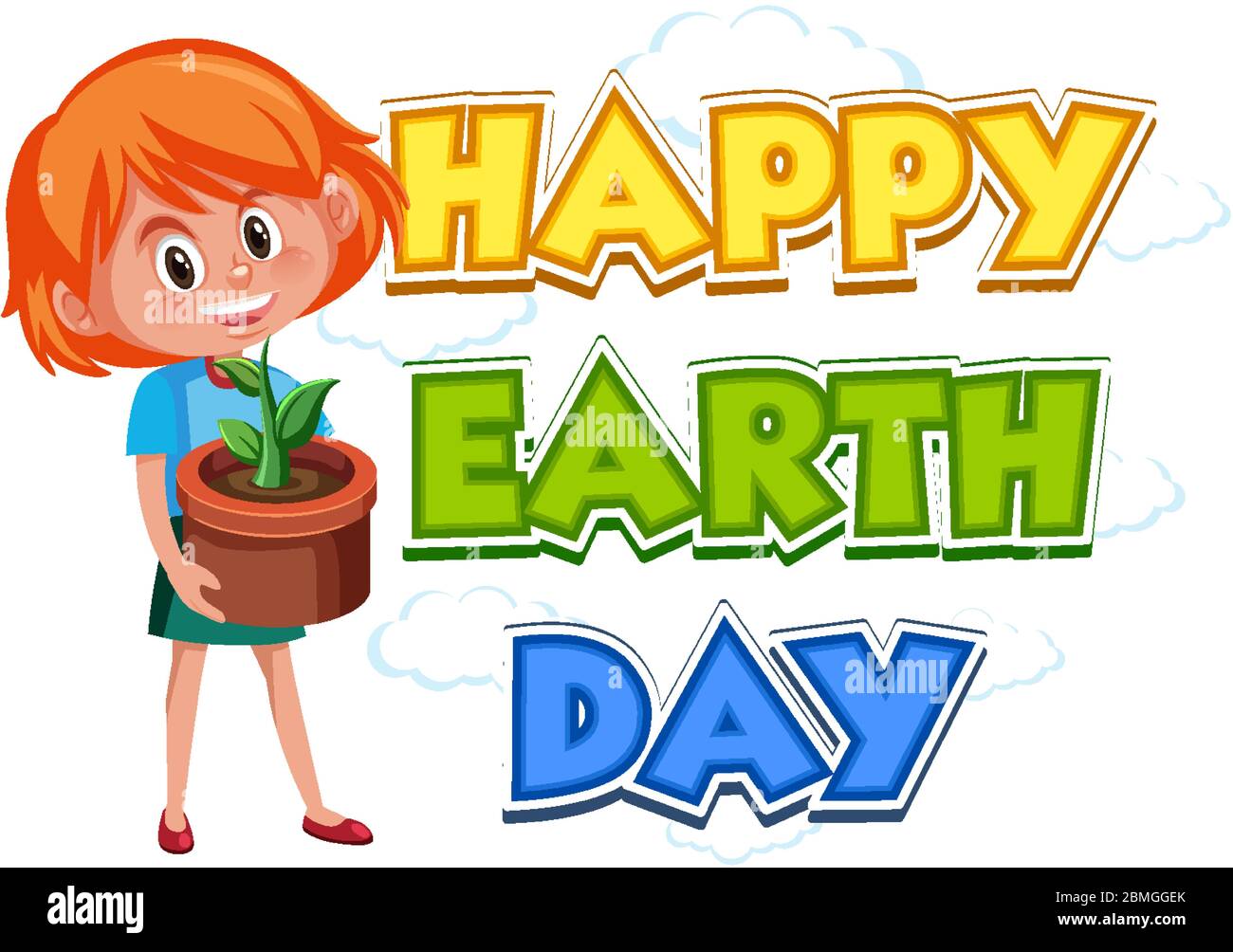 Happy earth day poster design with happy girl and green plant ...