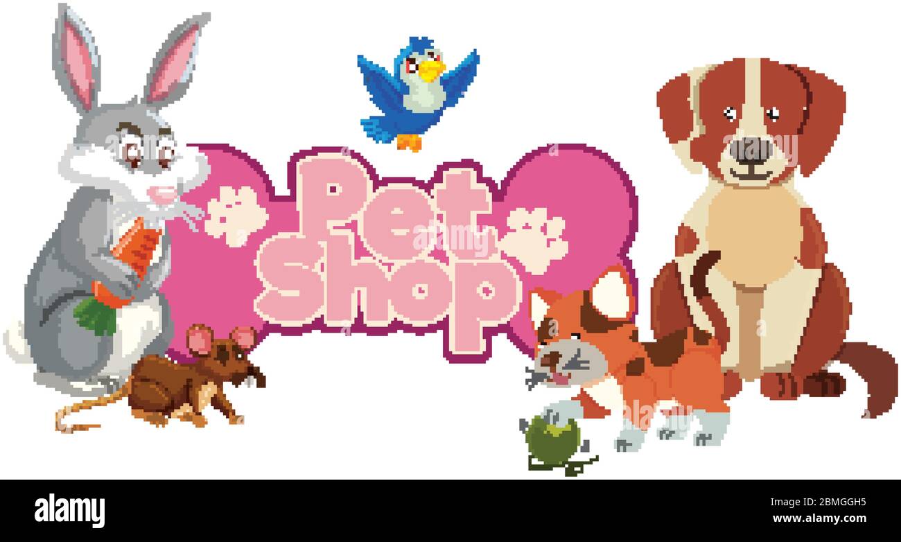 Font design for pet shop with many cute animals illustration Stock ...