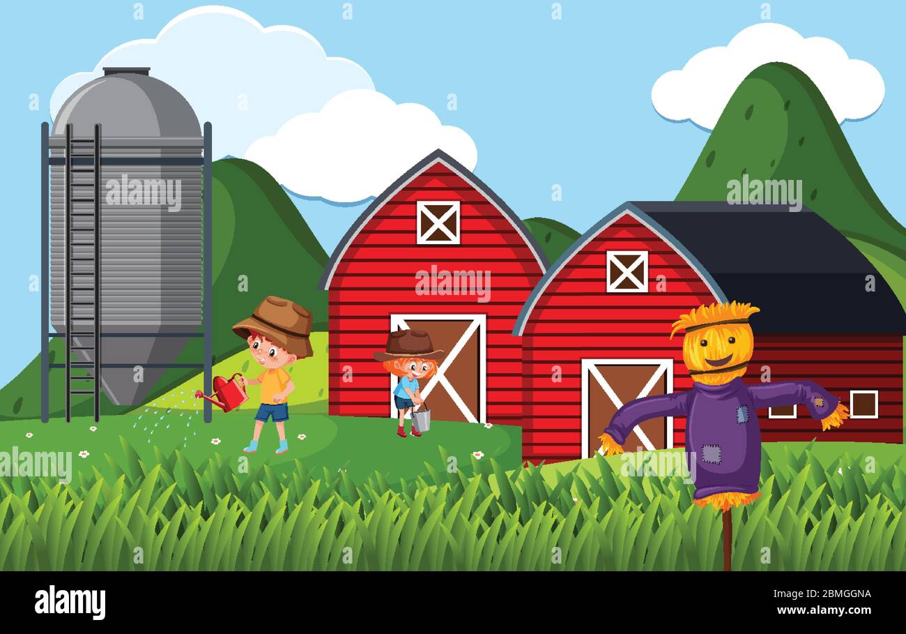Farm scene with kids working on the farm illustration Stock Vector ...