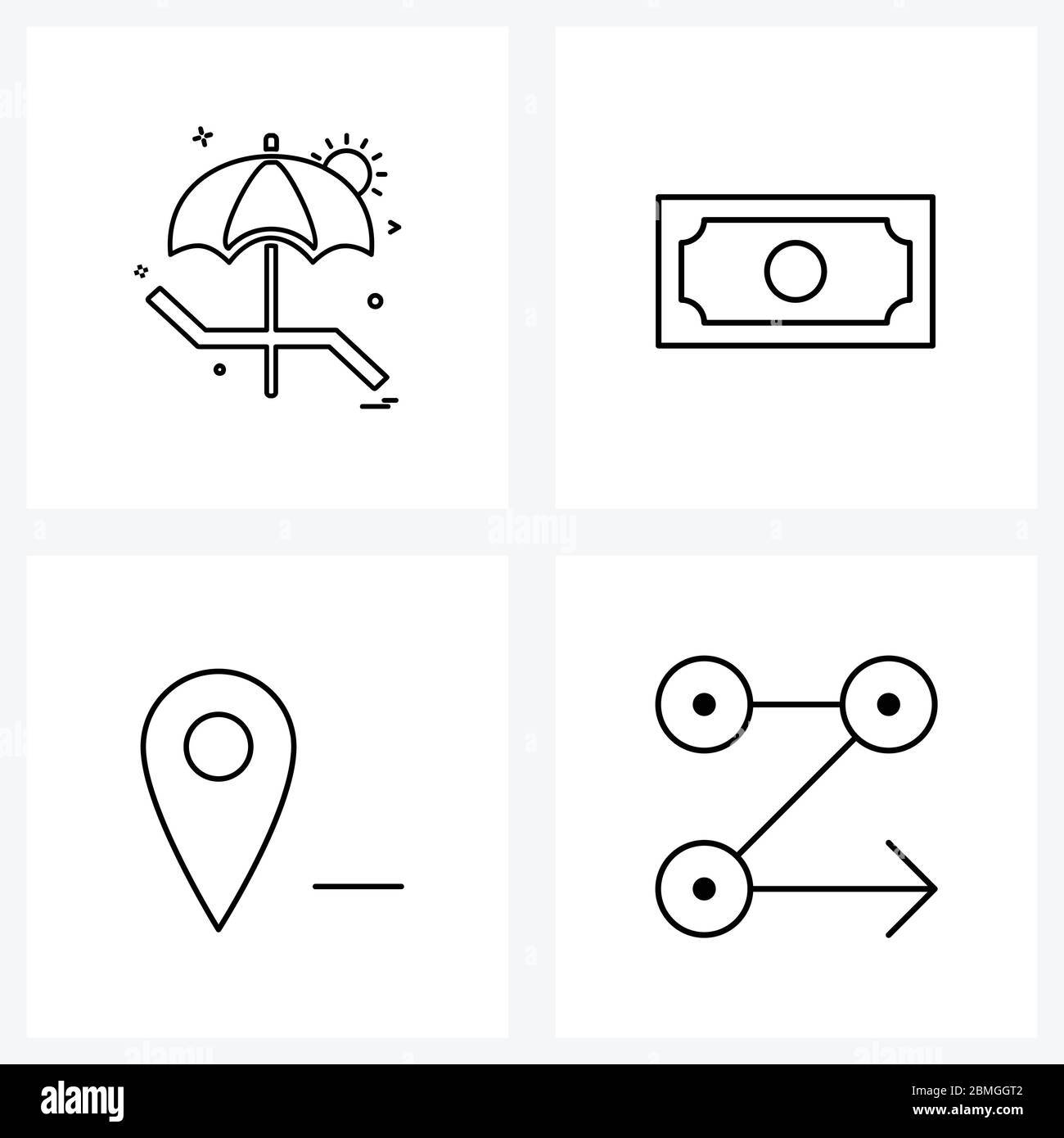 Line Icon Set of 4 Modern Symbols of umbrella, map, beach, currency ...