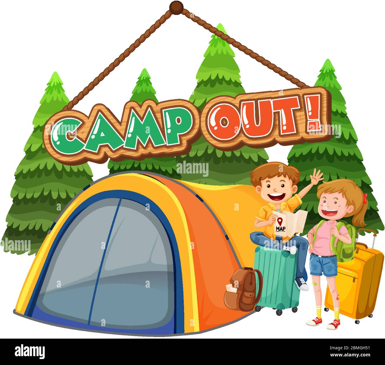 Font design for camp out with tent in the park illustration Stock ...