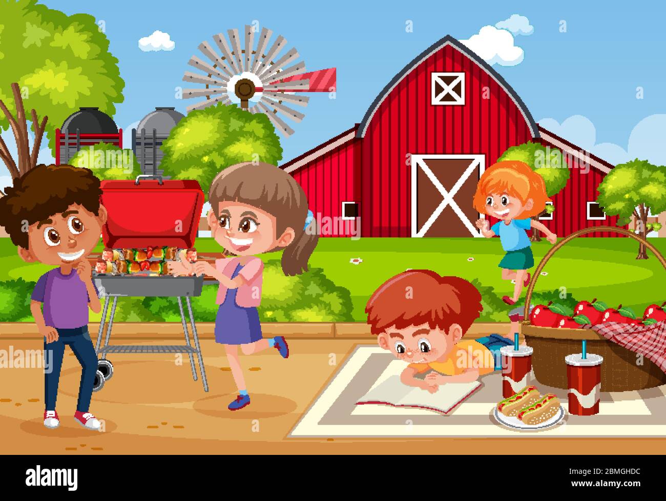 Background scene with kids eating in the park illustration Stock Vector ...