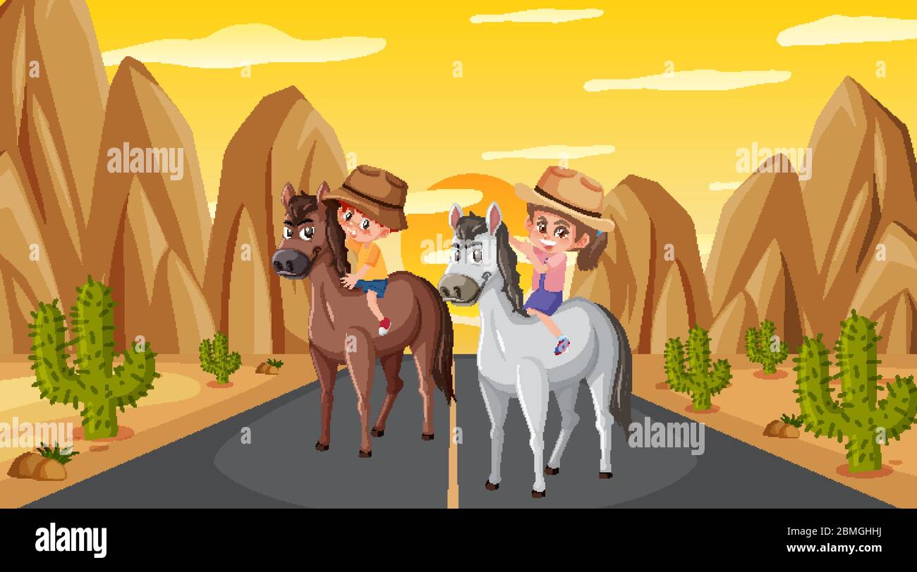 Scene with two kids riding horses on the road illustration Stock Vector ...