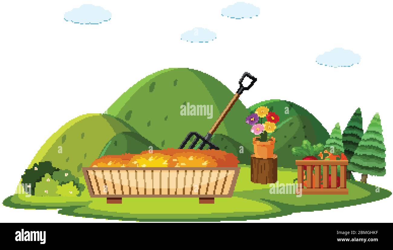 Farm scene with bucket of vegetables and hay illustration Stock Vector ...