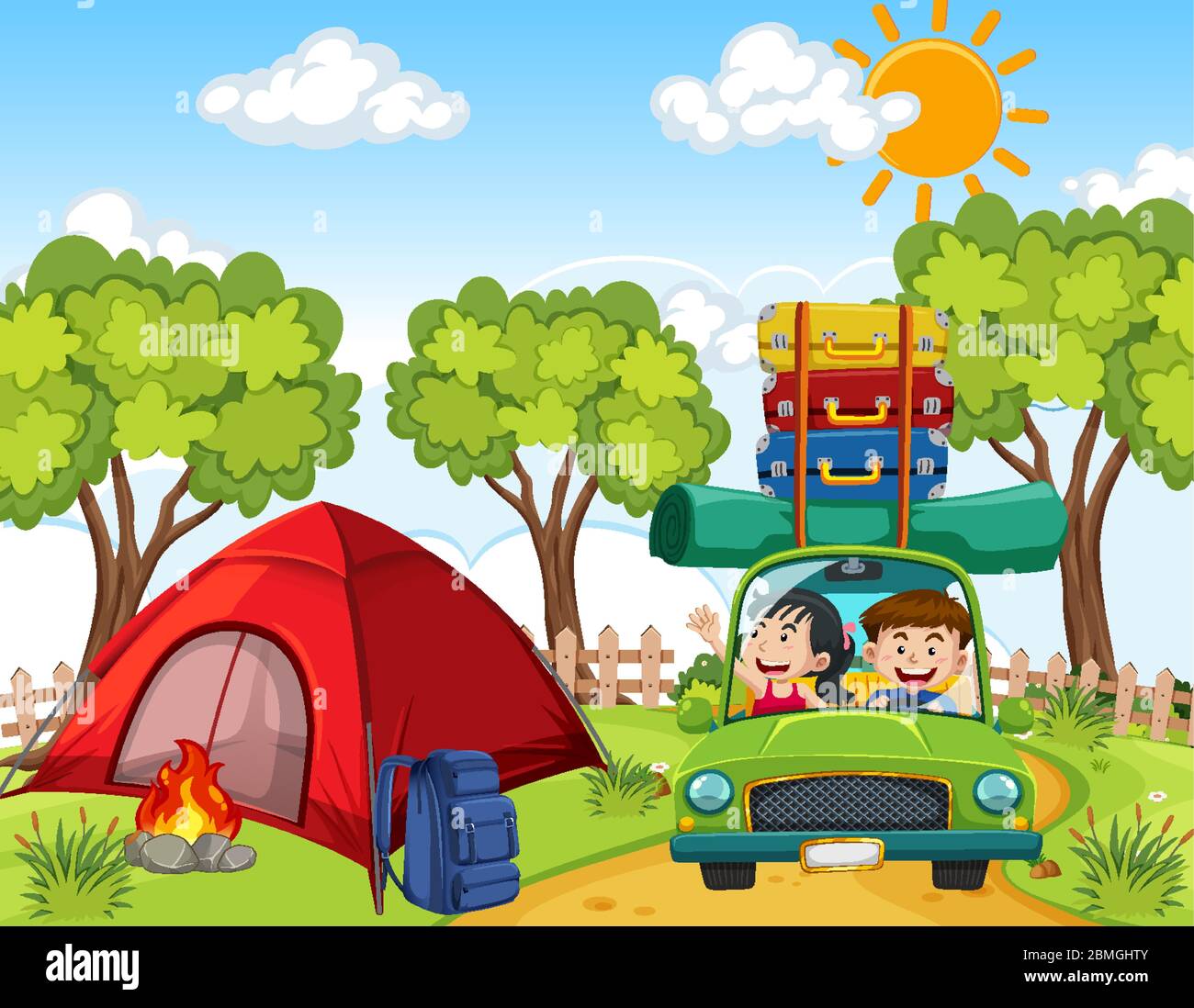 Scene with people driving at the camp site illustration Stock Vector ...