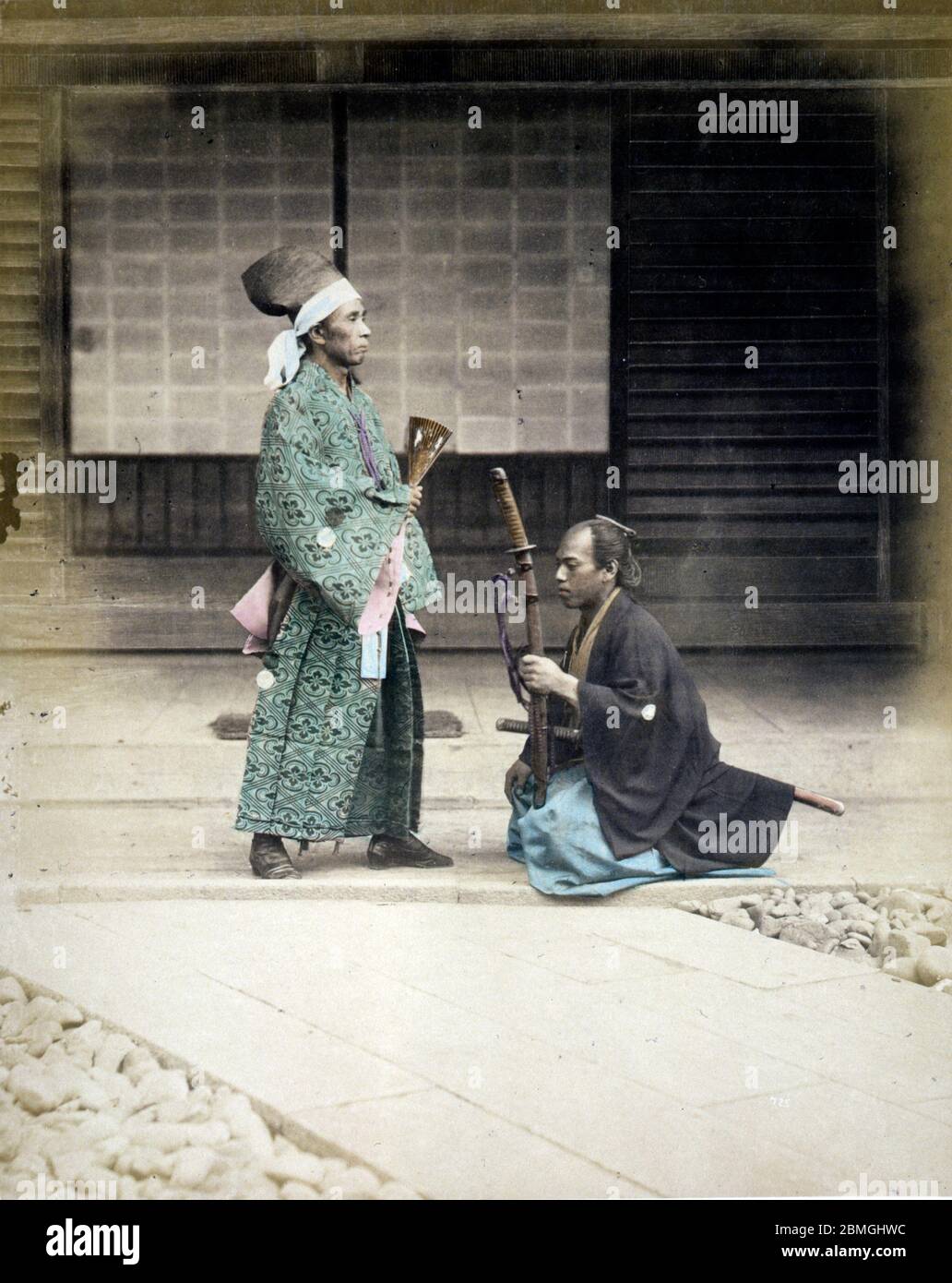 [ 1870s Japan - Kneeling Samurai ] — A samurai holding a sword kneels ...