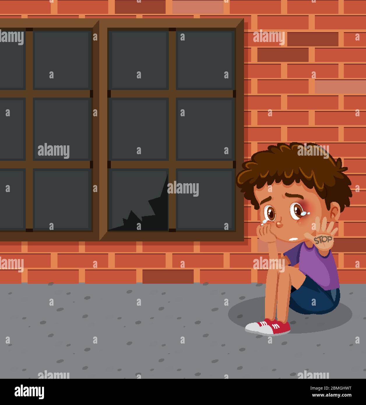 Scene with crying boy sitting alone at the building illustration Stock ...