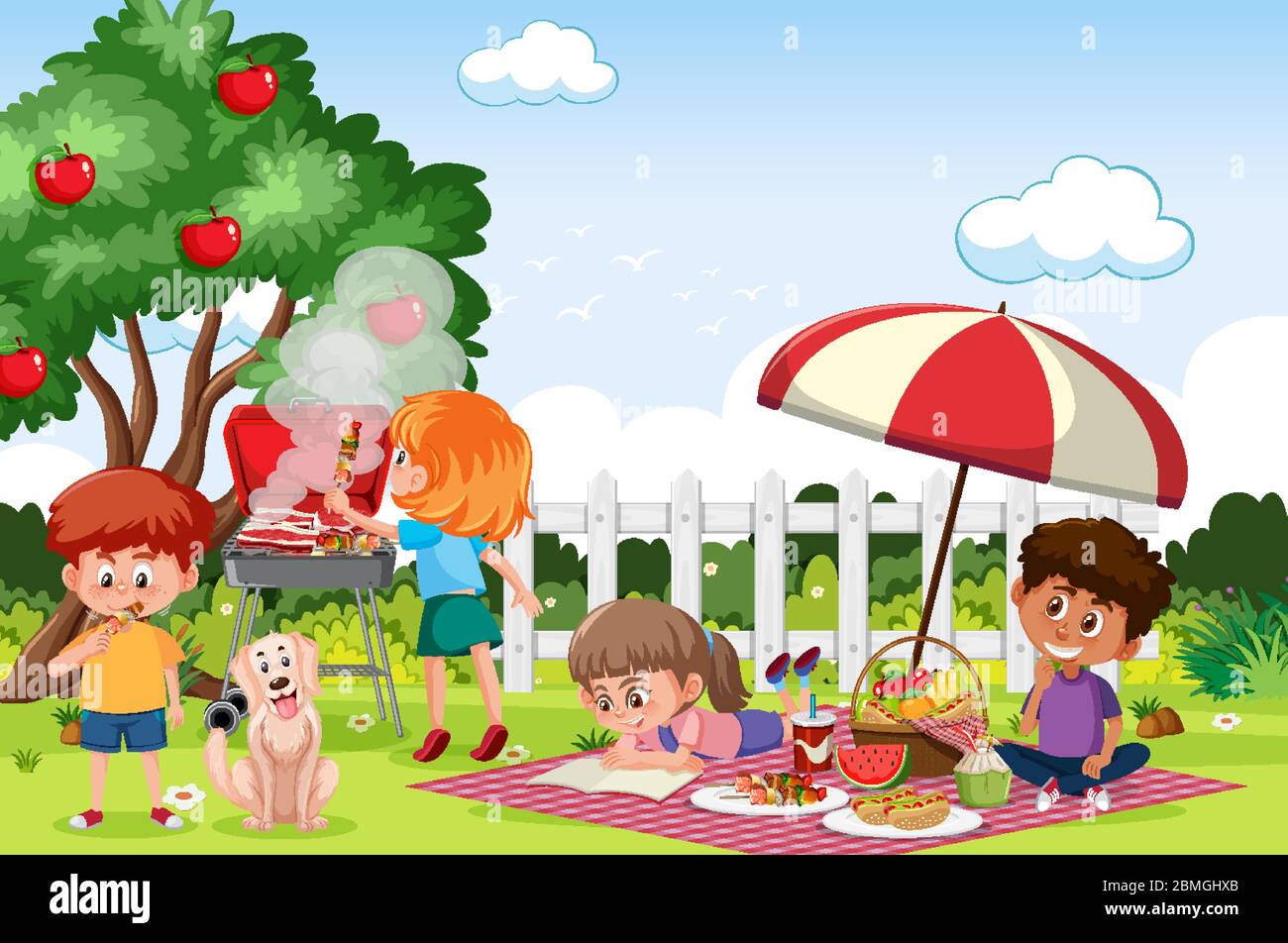 Scene with happy children eating in the park illustration Stock Vector ...