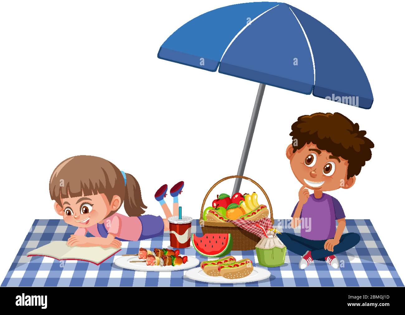 Boy and girl having picnic on white background illustration Stock ...