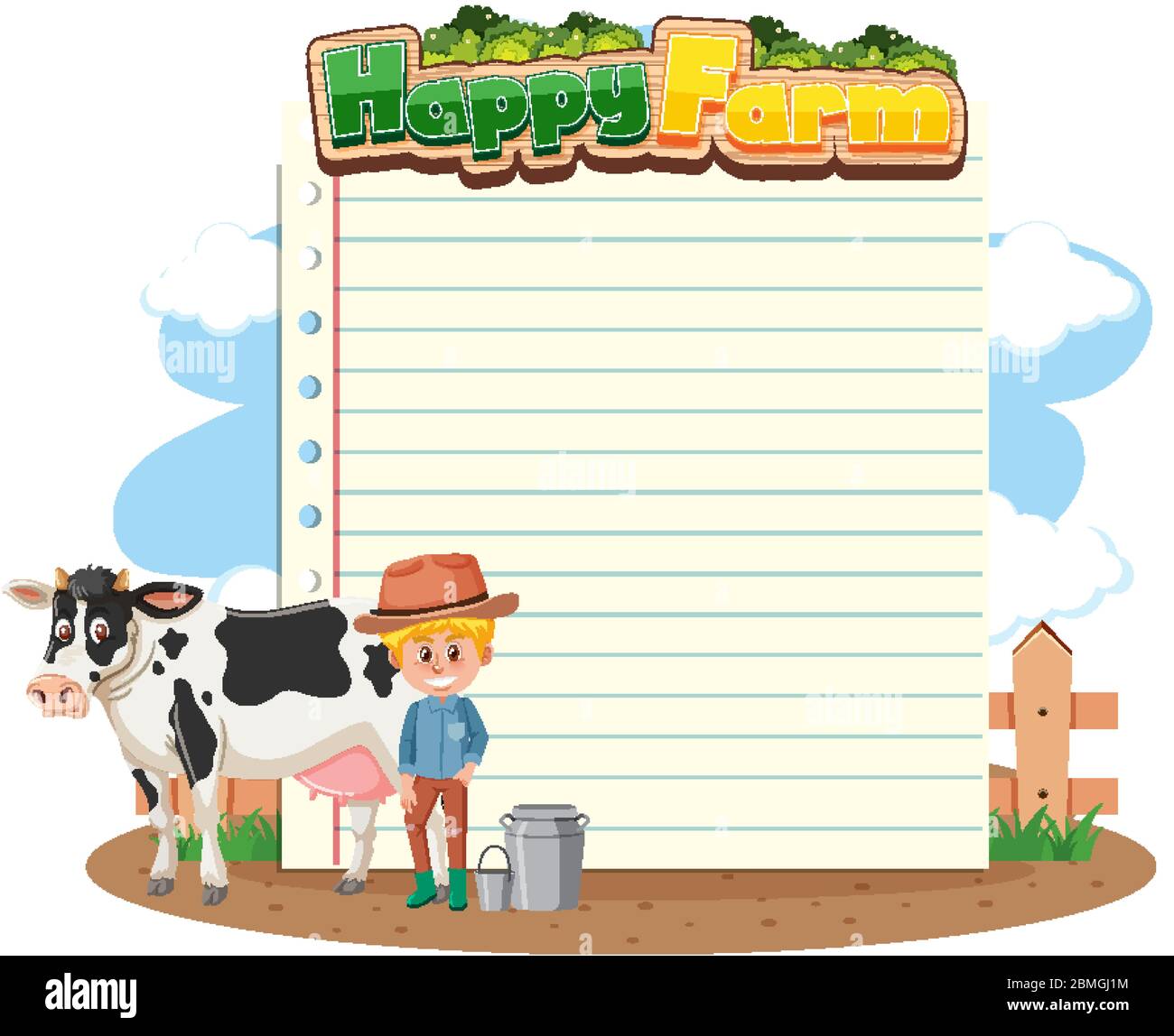 Paper template with farmer and cow on the farm illustration Stock ...