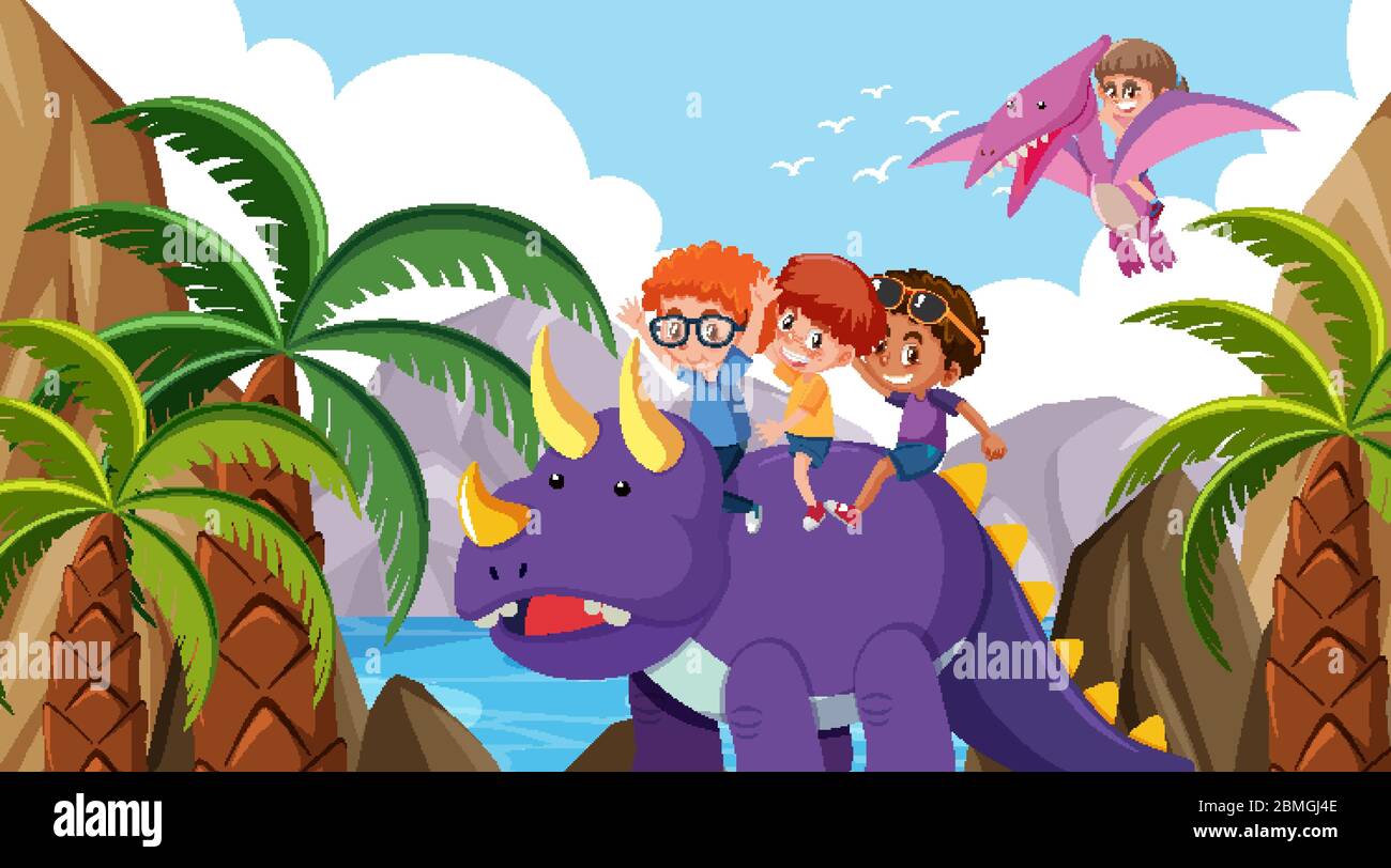 Scene with kids riding dinosaurs in the forest illustration Stock ...