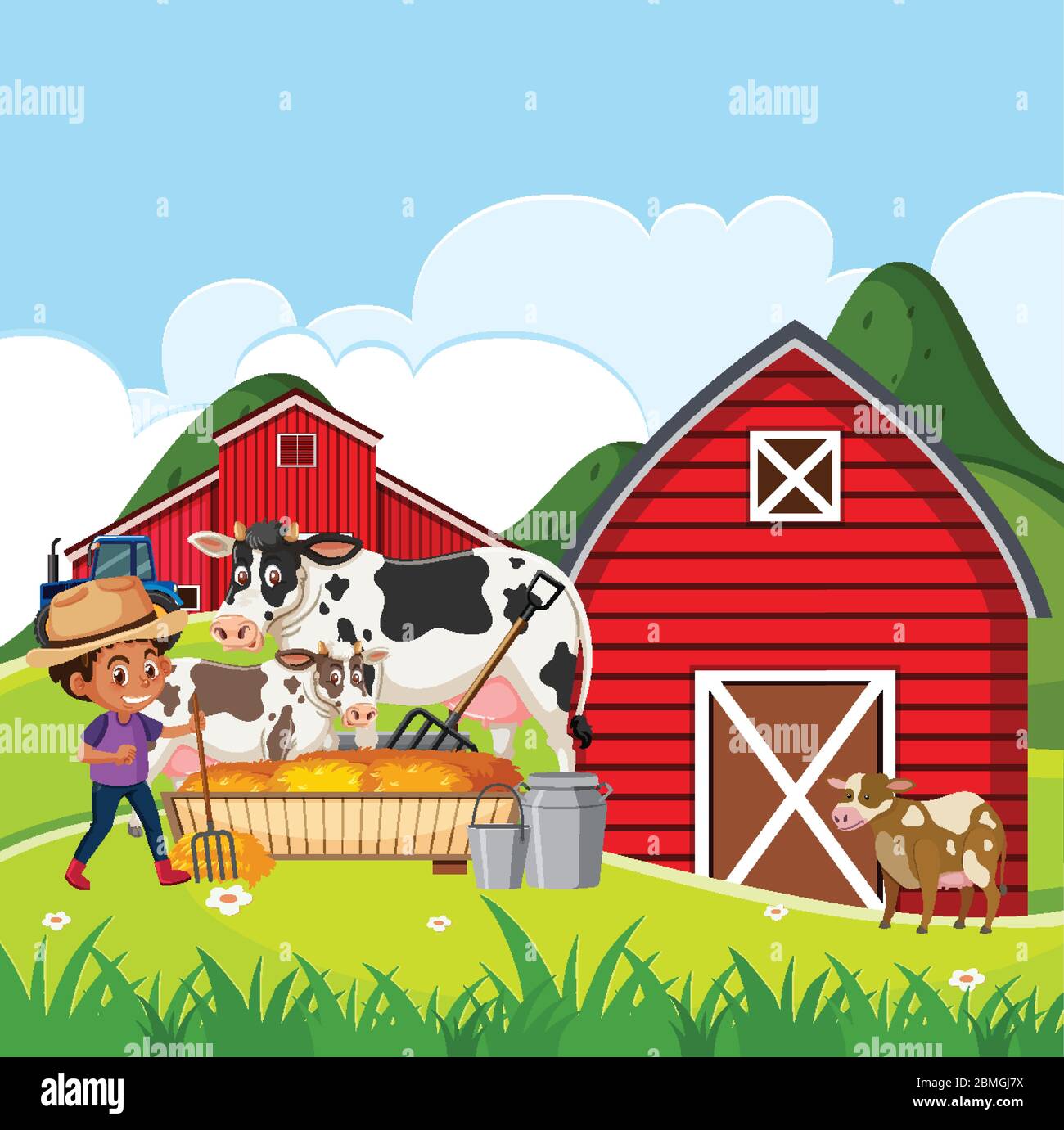 Farm scene with farmboy feeding cow with hay illustration Stock Vector ...