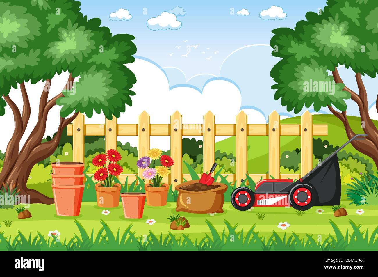 Background scene with gardening tools in the park illustration Stock ...