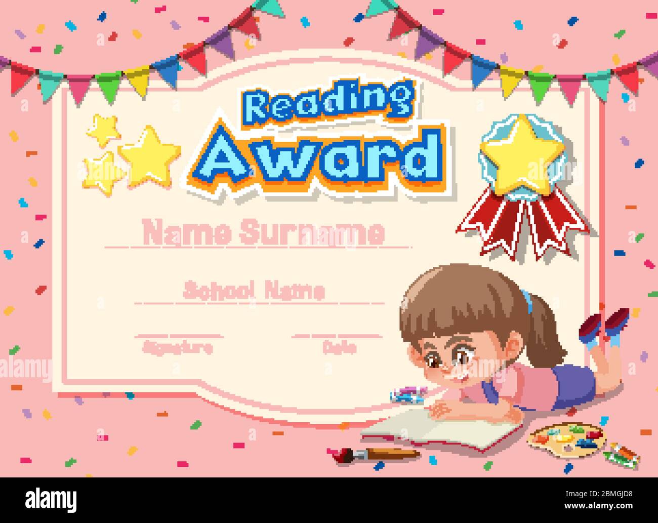 Certificate template design for reading award with girl reading book ...