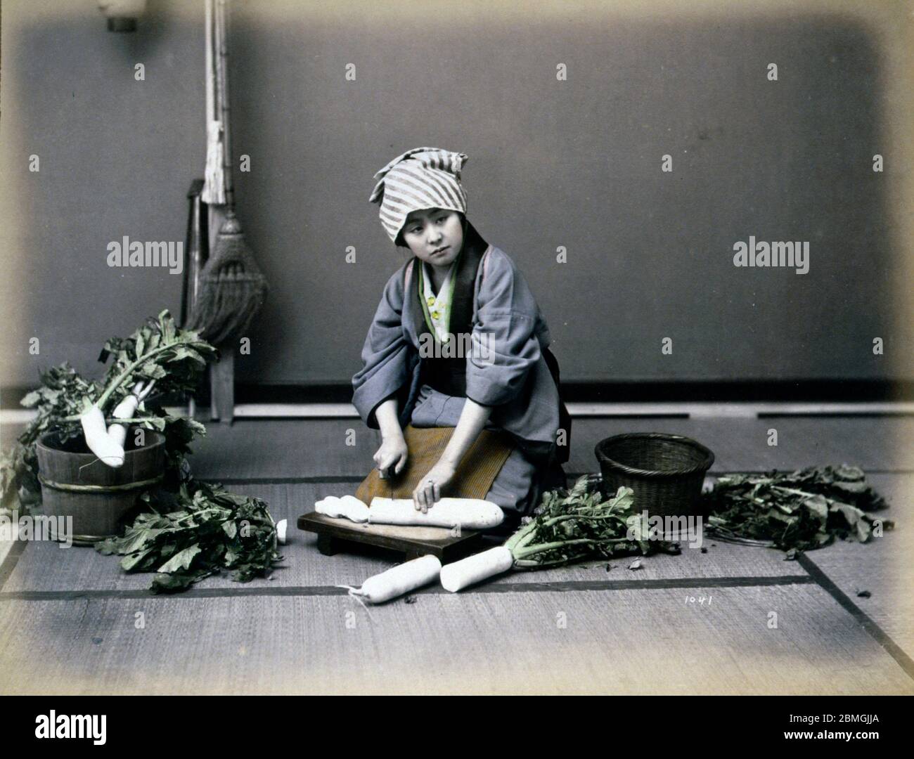 [ 1880s Japan - Japanese Woman Cooking ] — A woman in kimono cutting ...