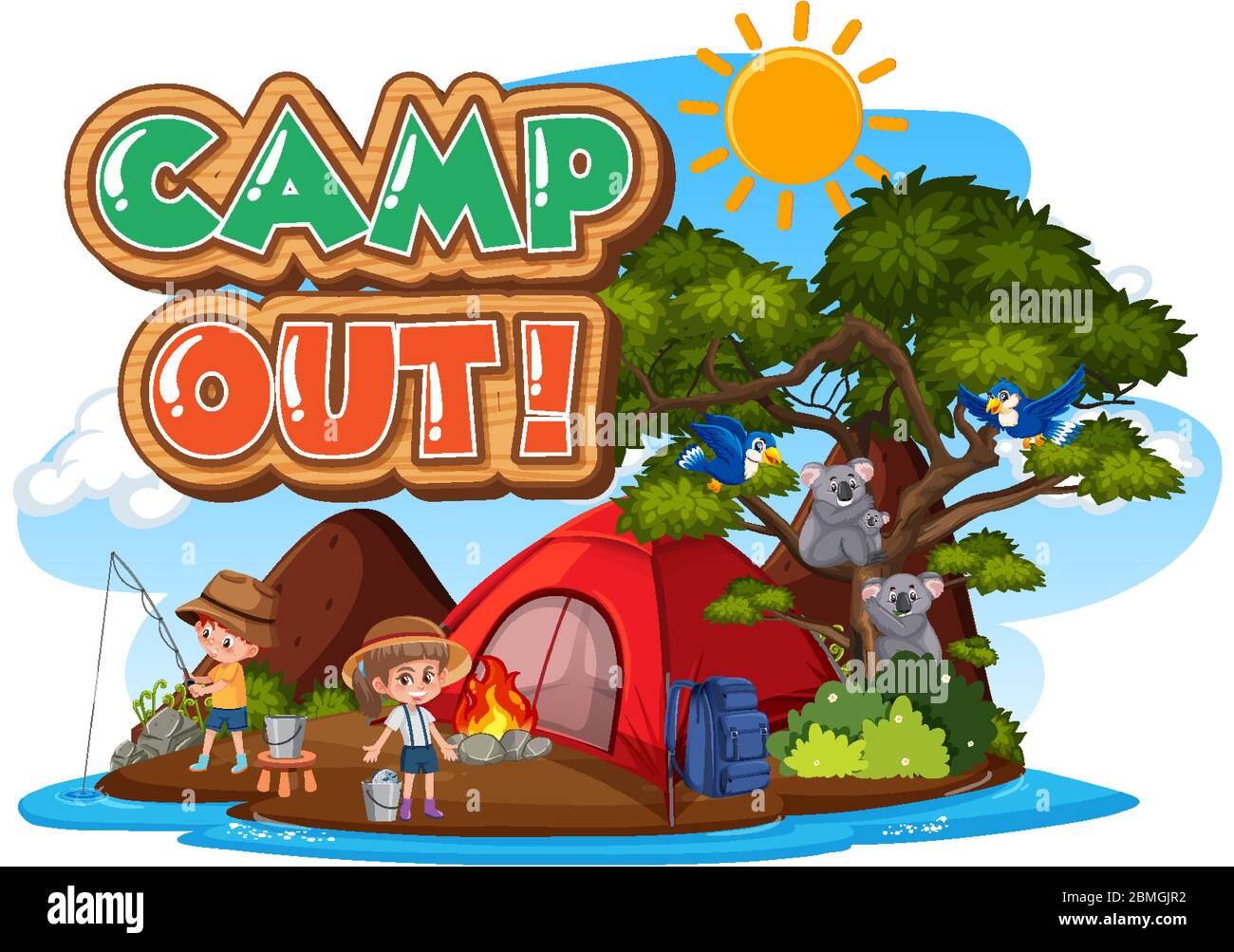 Font design for camp out with tent in the park illustration Stock ...