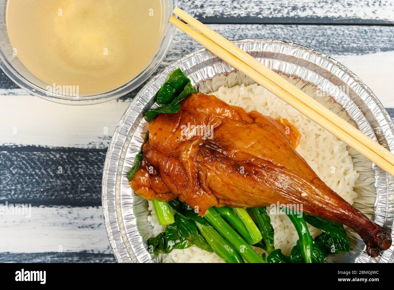 top view fast food roasted duck thigh with cabbage and rice horizontal ...
