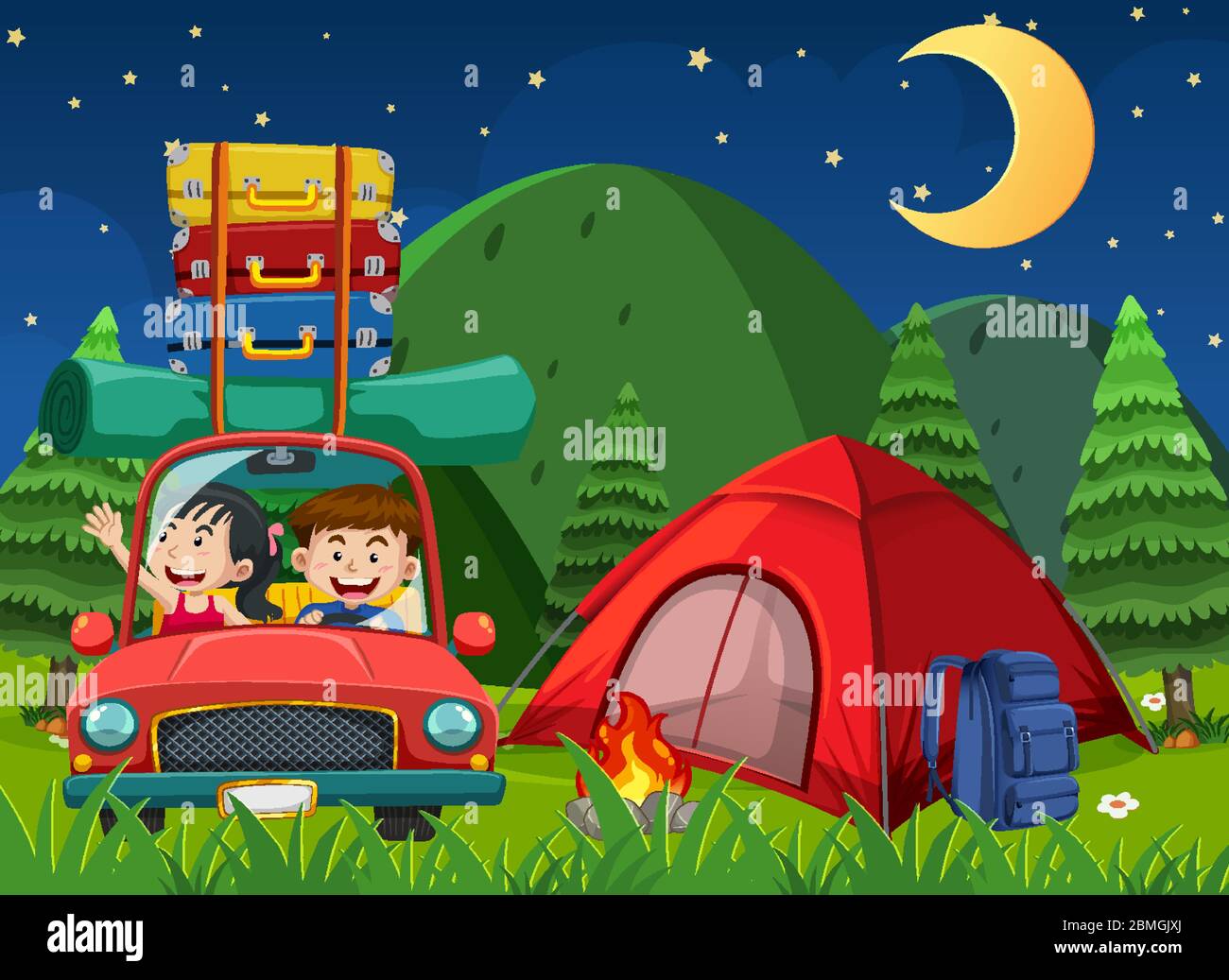 Scene with people driving and camping at night in the park illustration ...