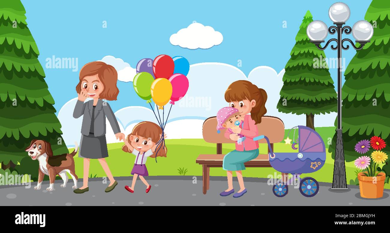 Scene with mothers and children relaxing in the park illustration Stock ...