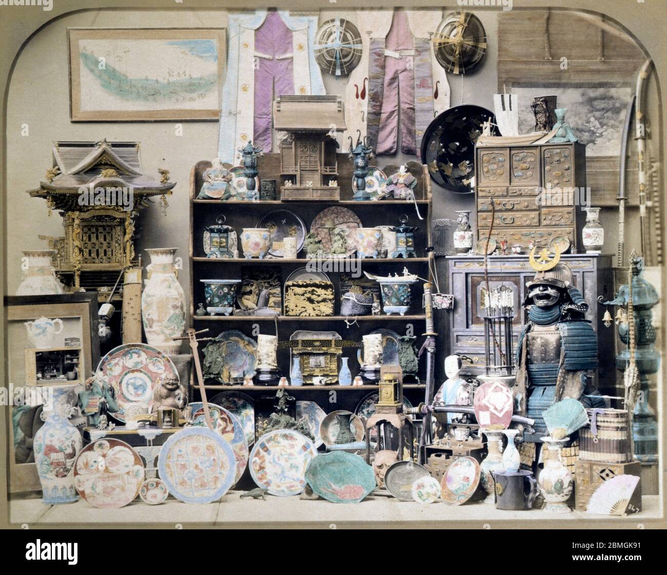 [ 1880s Japan - Japanese Curio Shop ] — Curio shop lay-out in a studio ...
