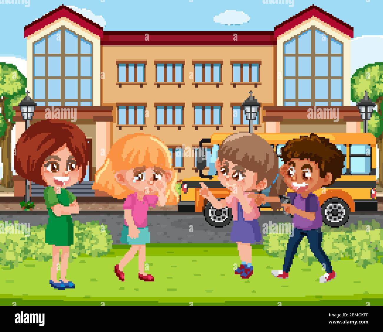 Scene with kid bullying their friend at school illustration Stock ...