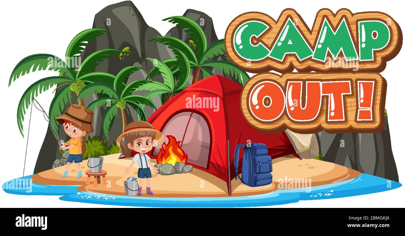 Font design for camp out with tent in the park illustration Stock ...