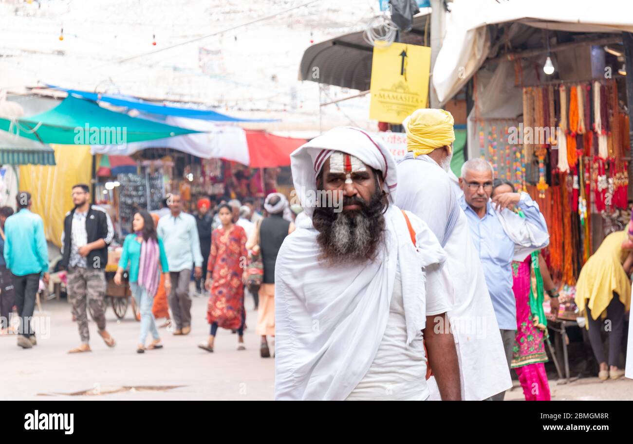 Portrait on Indian Sadhu Baba (Indian Monk) on the streets of Pushkar ...