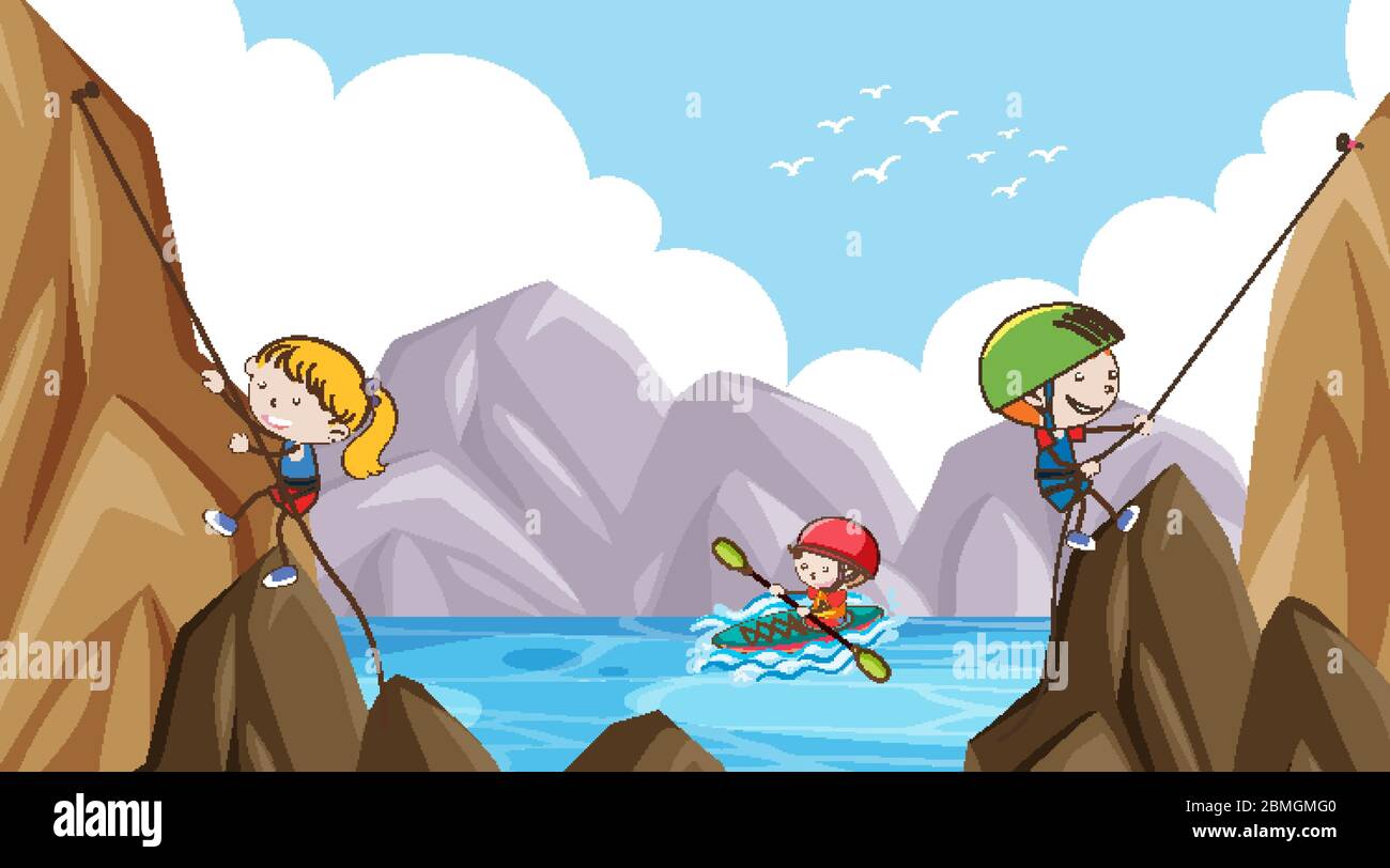 Scene with kids climbing and canoeing at sea illustration Stock Vector ...