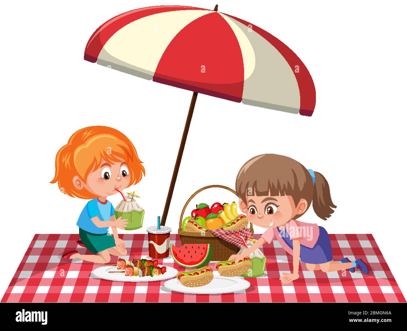Two Girls Having Picnic On White Background Illustration Stock Vector Image And Art Alamy