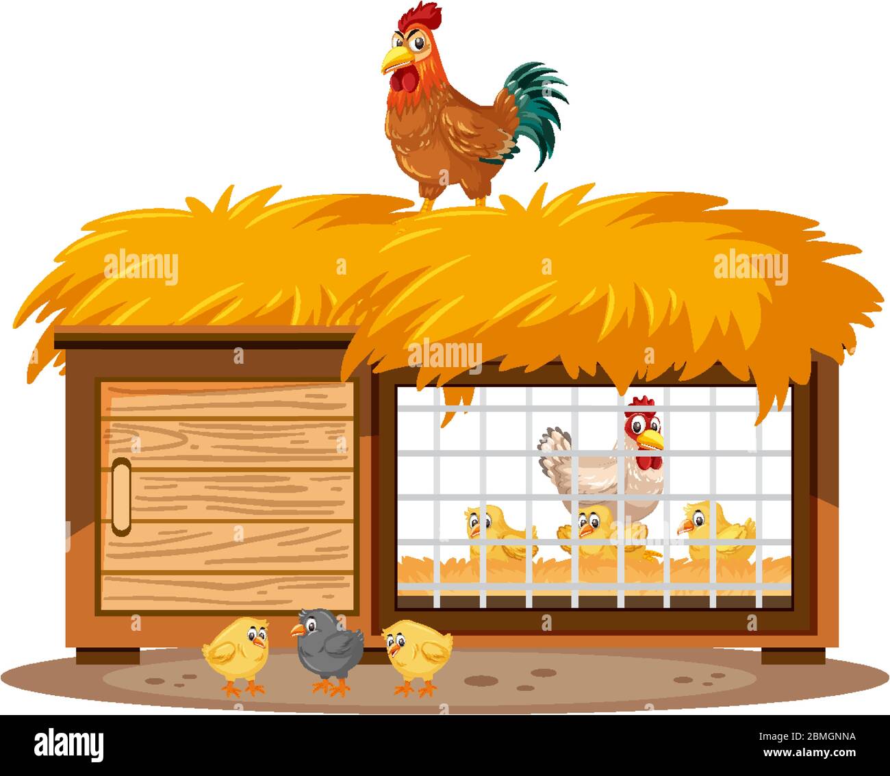 Chicken coops and chickens on white background illustration Stock ...