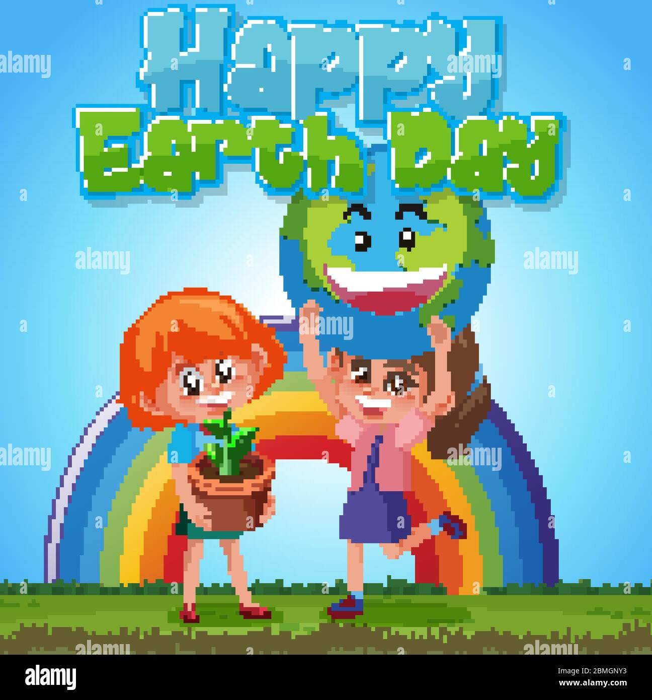 Poster design for happy earth day with two happy girls illustration ...