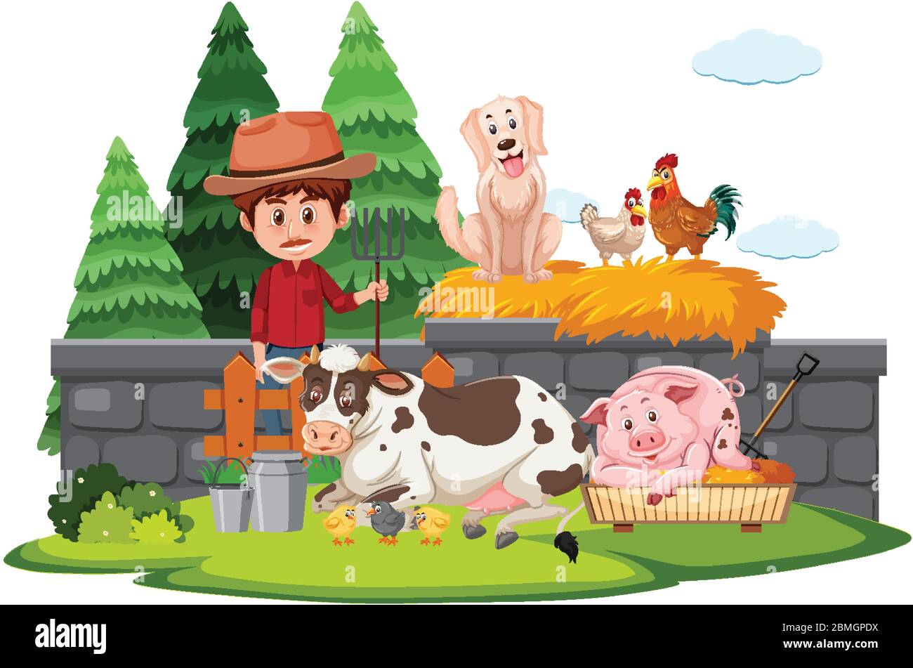 Farm scene with farmer and many animals on the farm illustration Stock ...