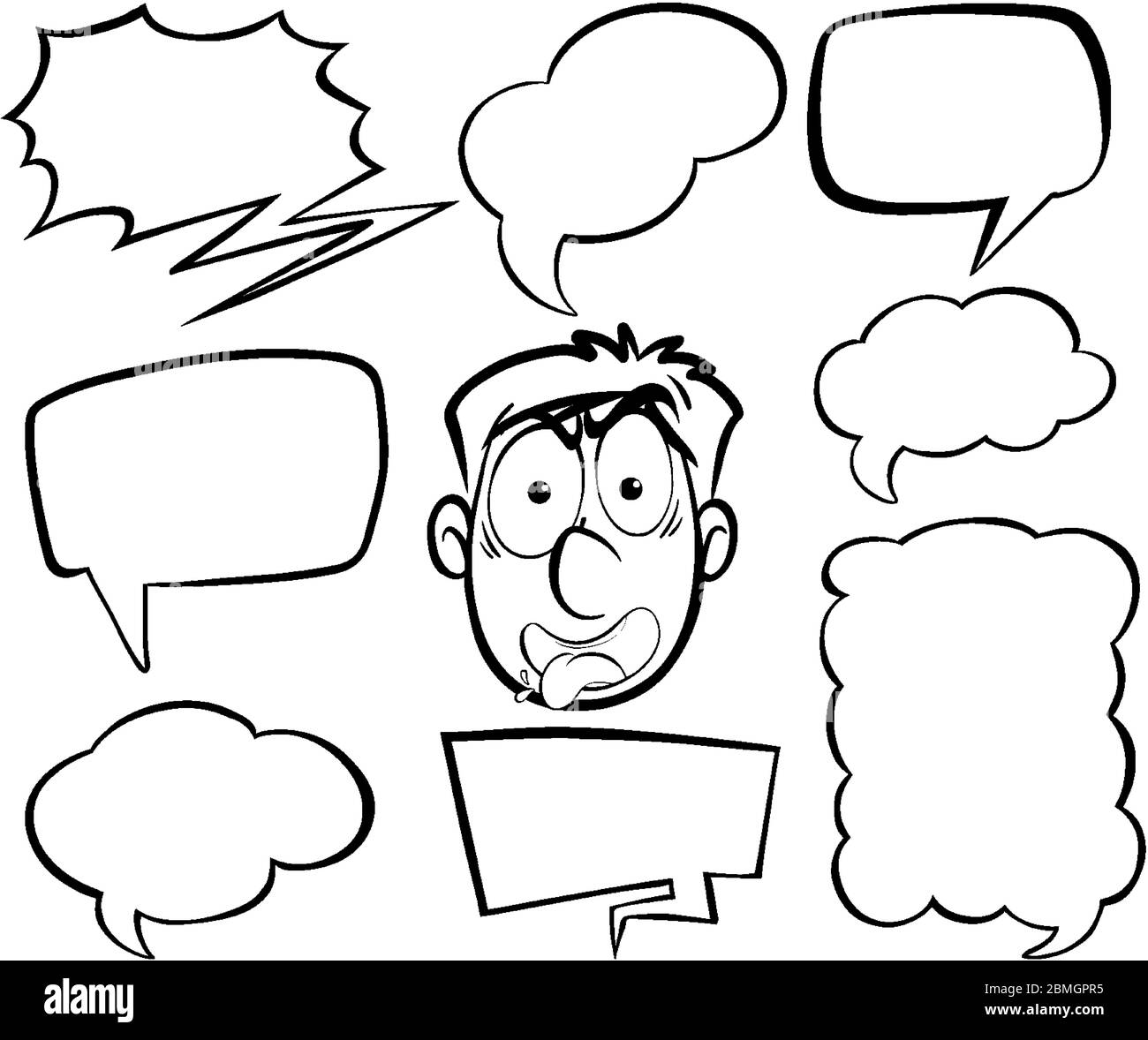 Doodle drawing of angry man and speech bubbles on white background ...