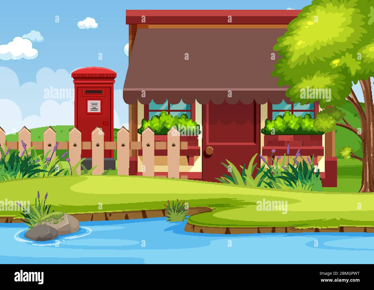 Background scene with little house by the river illustration Stock ...