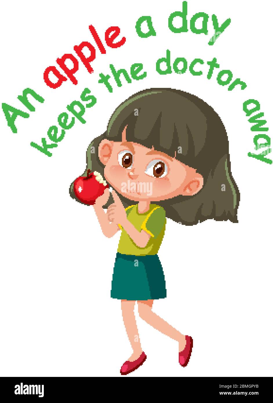 English idiom with picture description for an apple a day keeps the doctor away on white ...