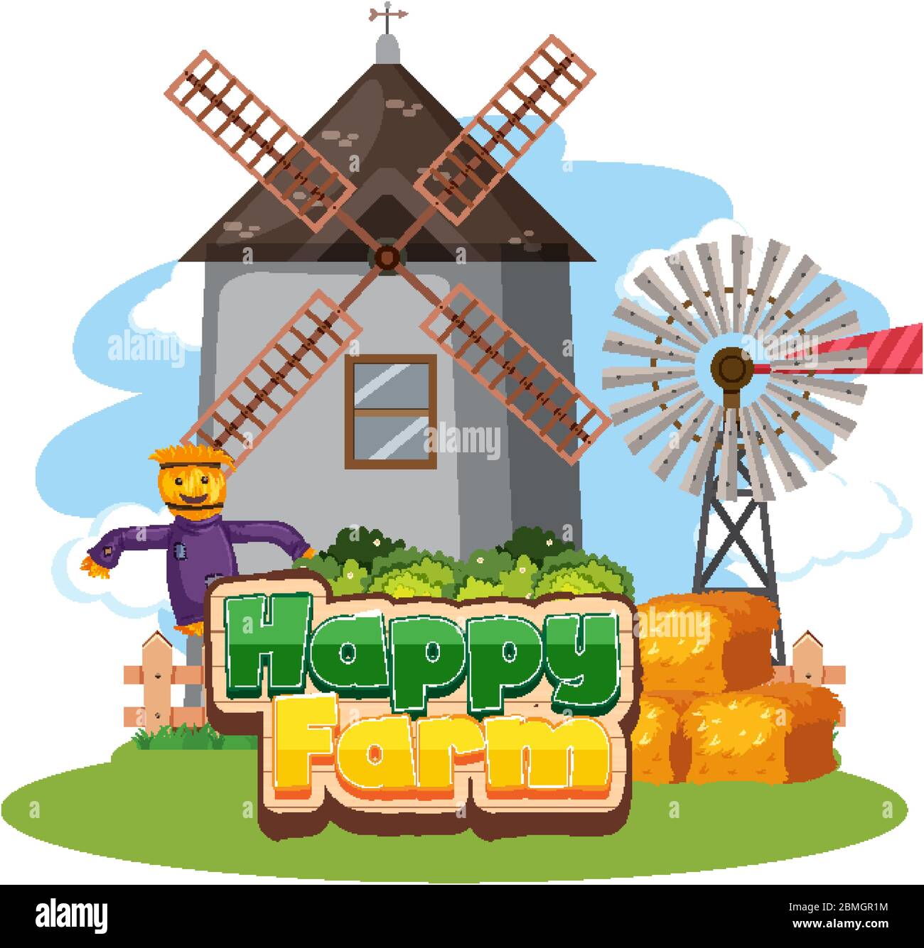 Font design for happy farm with barn and windmill illustration Stock ...