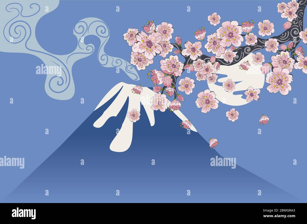 Spring cherry blossom, Sakura branch and volcano, vintage background ...