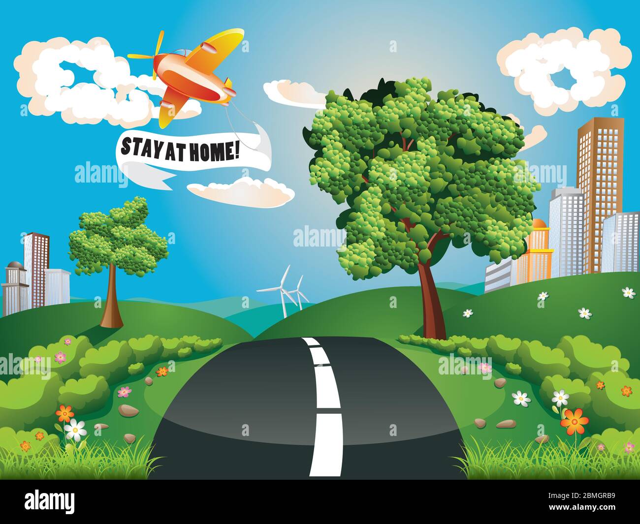 Retro airplane with stay at home banner in the sky flying over town ...