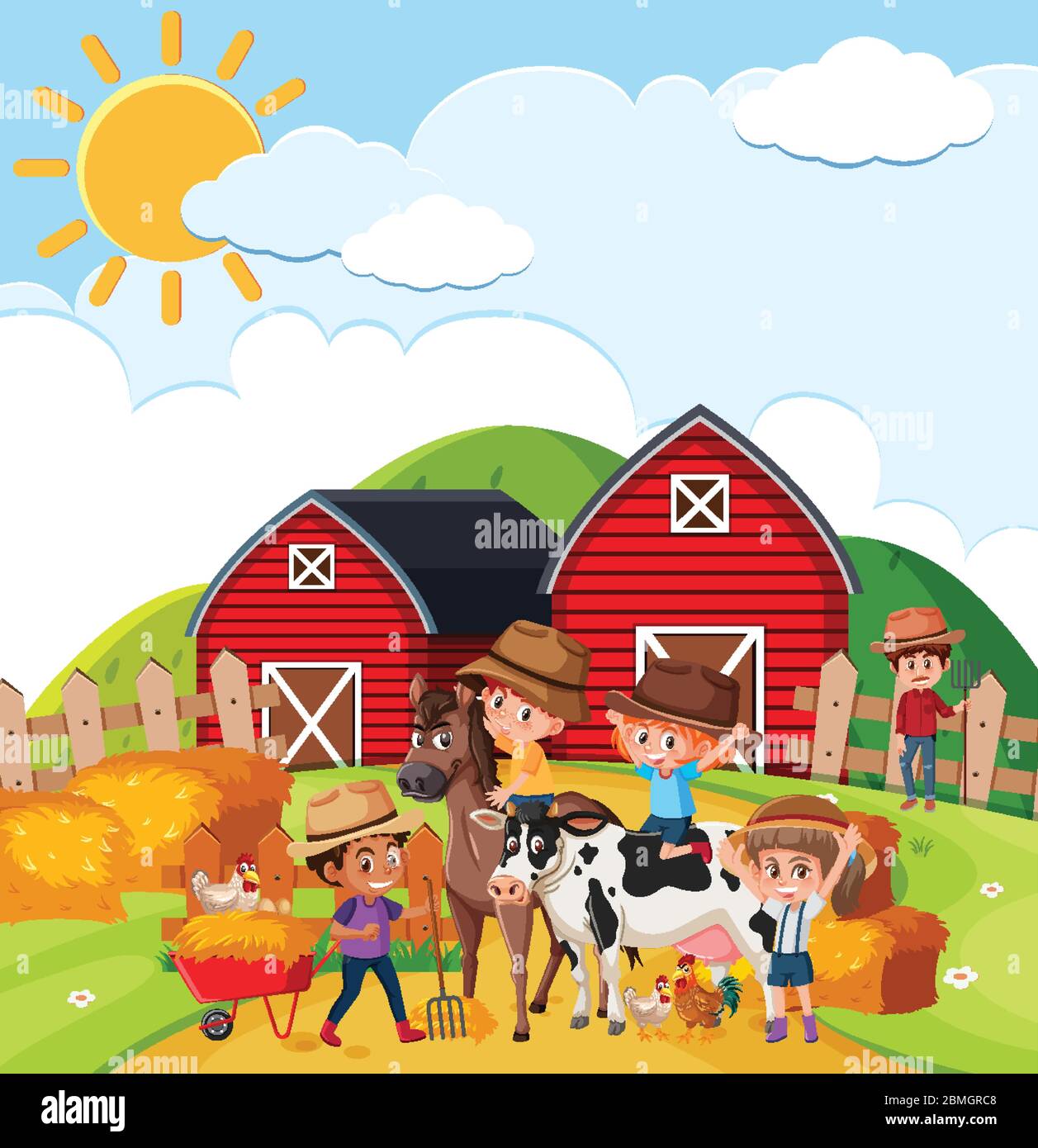 Farm scene with many kids and animals on the farm illustration Stock ...