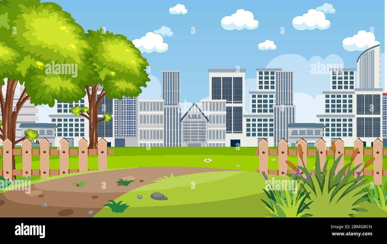 Background scene with city buildings and green park illustration Stock ...