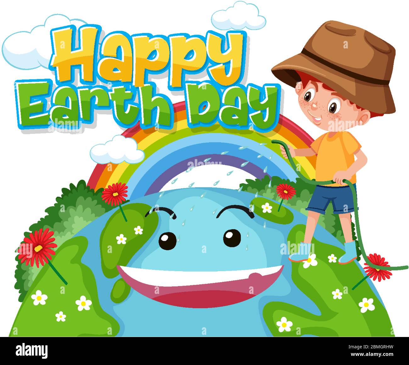 Poster design for happy earth day with boy watering plant on earth ...