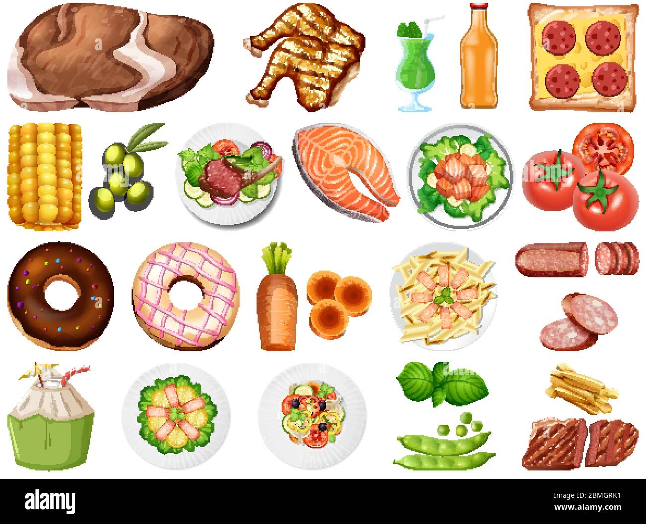 Large set of food and desserts on white background illustration Stock ...