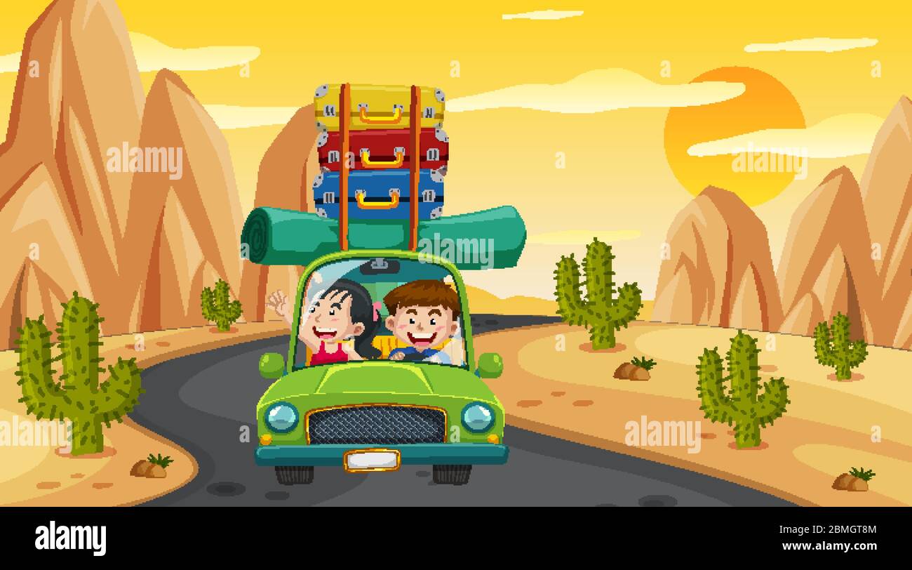 Scene with people driving car on the road at sunset illustration Stock ...