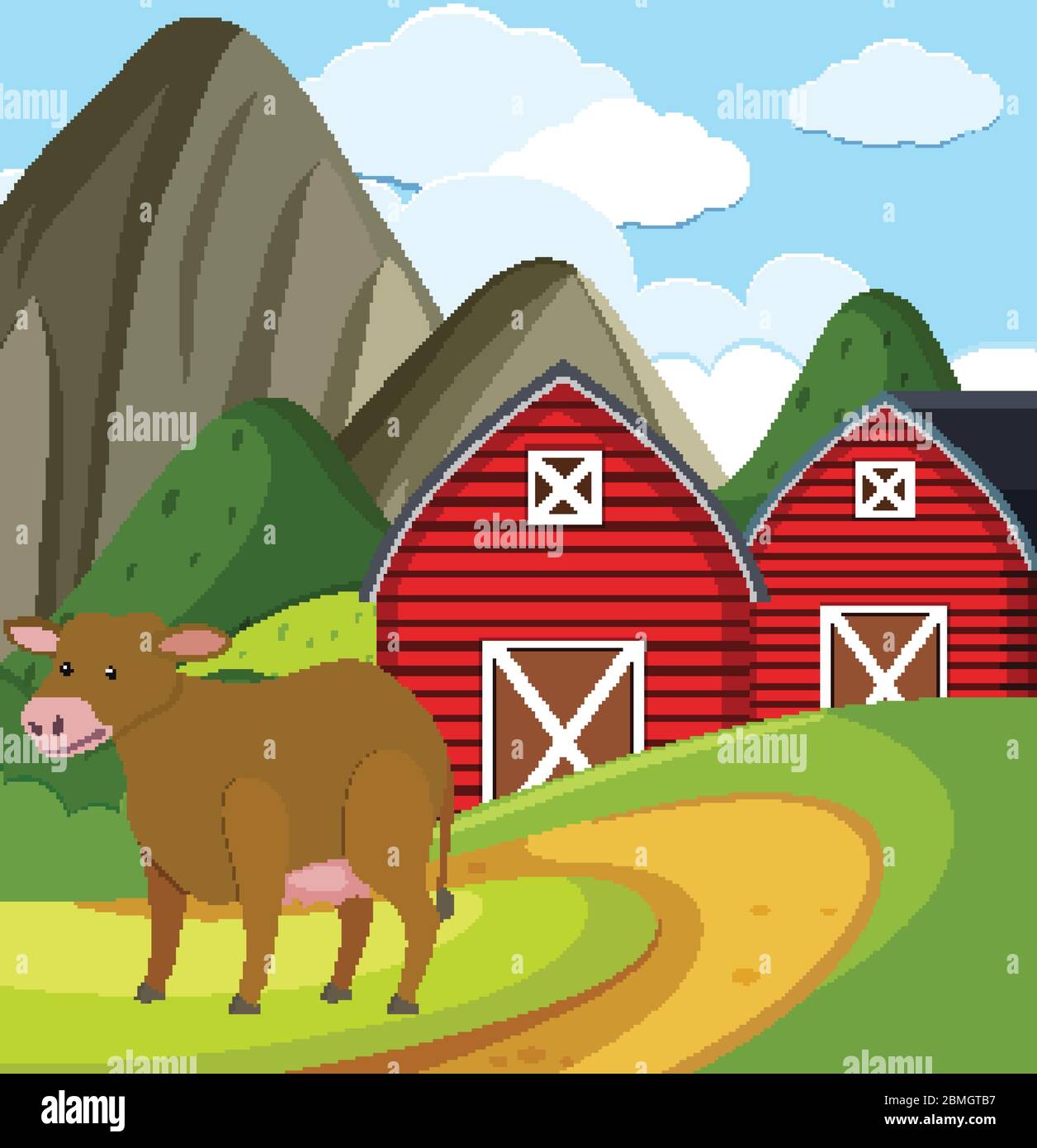 Farm scene with cow and barns at day time illustration Stock Vector ...