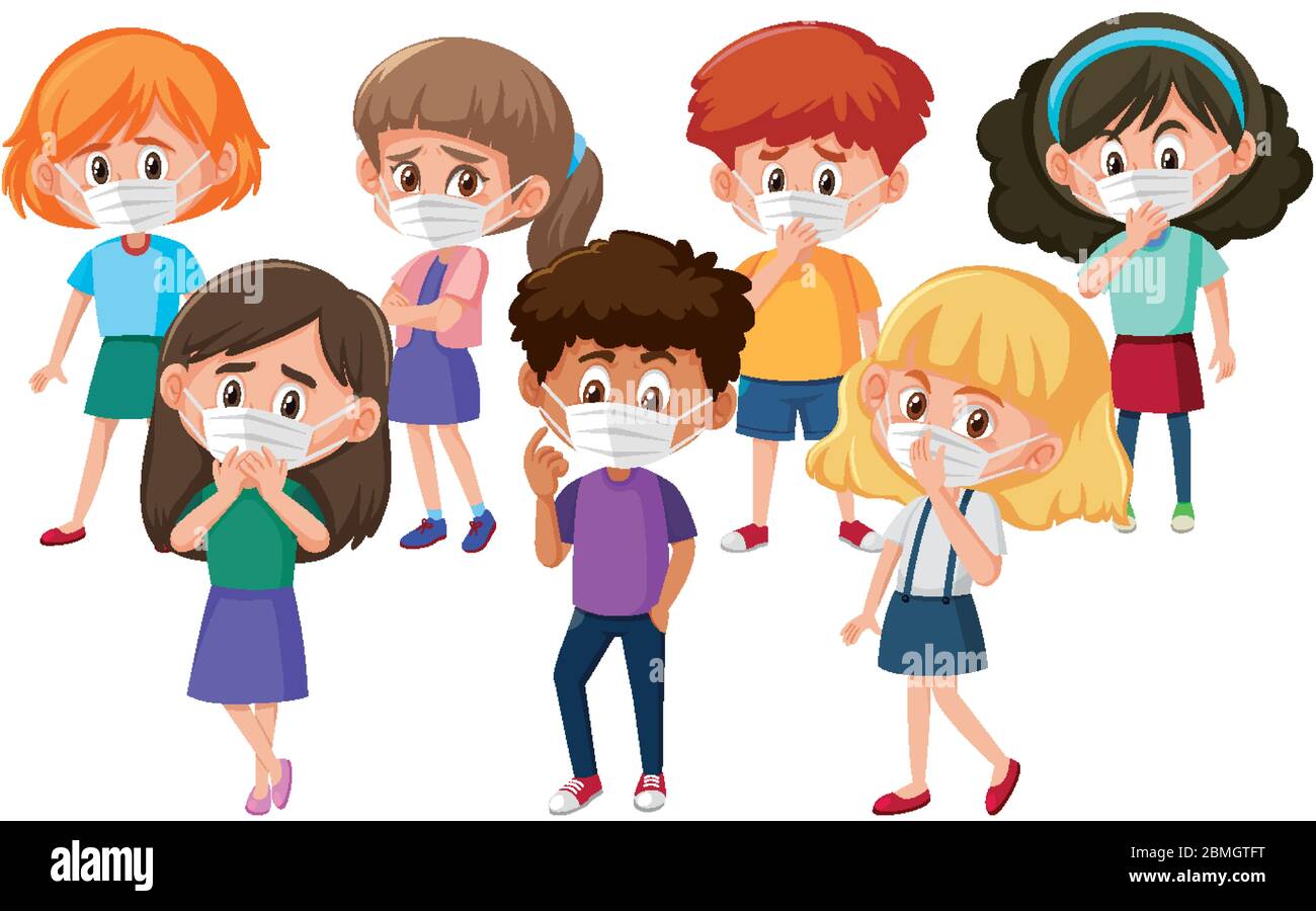 Boys and girls wearing mask on white background illustration Stock ...