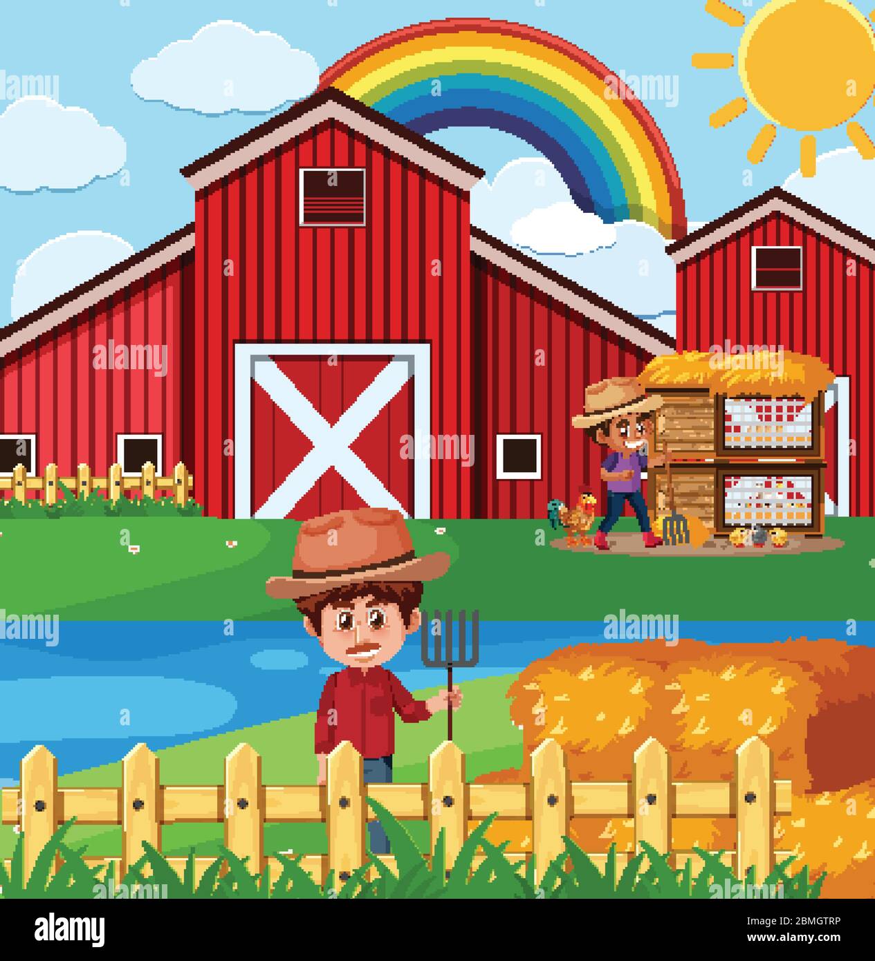Farm scene with farmers and chickens on the farm illustration Stock ...